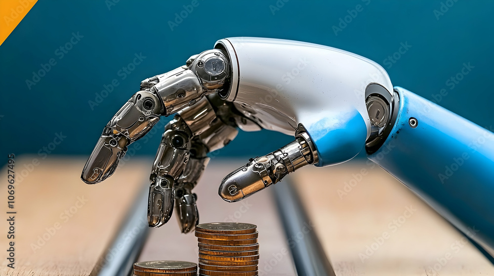 Robotic hand placing coins on a stack of coins, robot hand, robotic arm ...