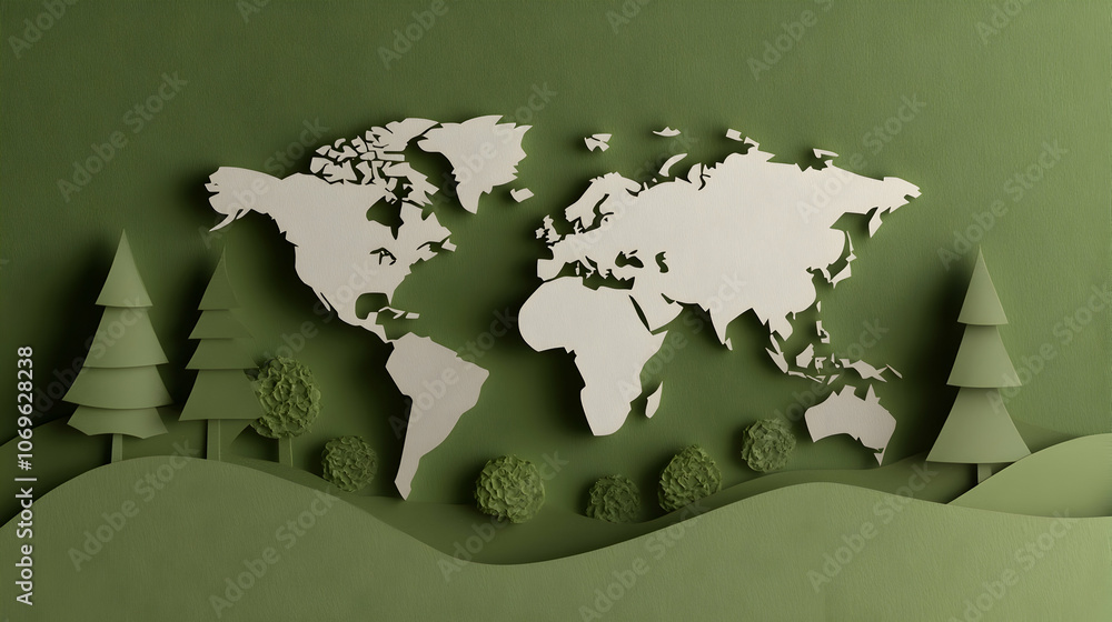 Paper Cutout World Map with Trees, paper art, globe, earth, continents ...