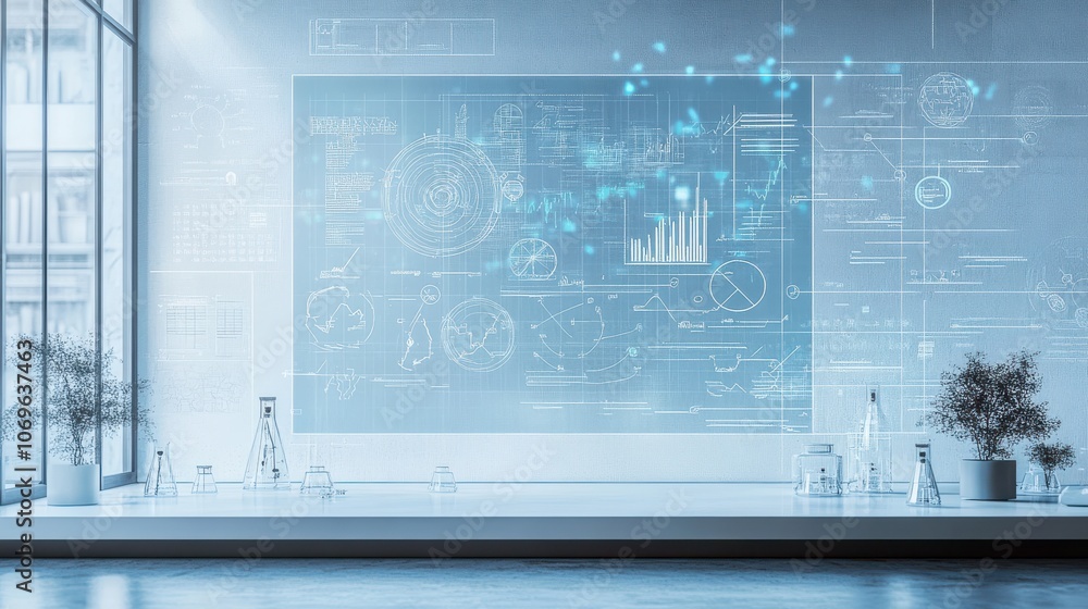 A digital whiteboard with math formulas and graphs, educational media ...