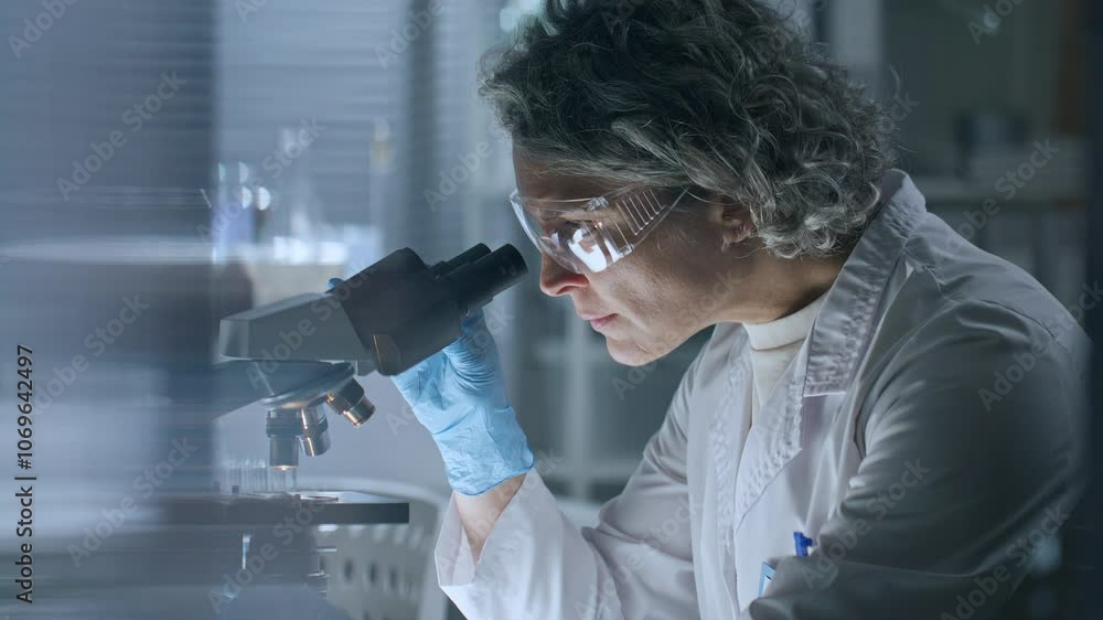 Mature female scientist with grey hair, wearing safety goggles, gloves ...