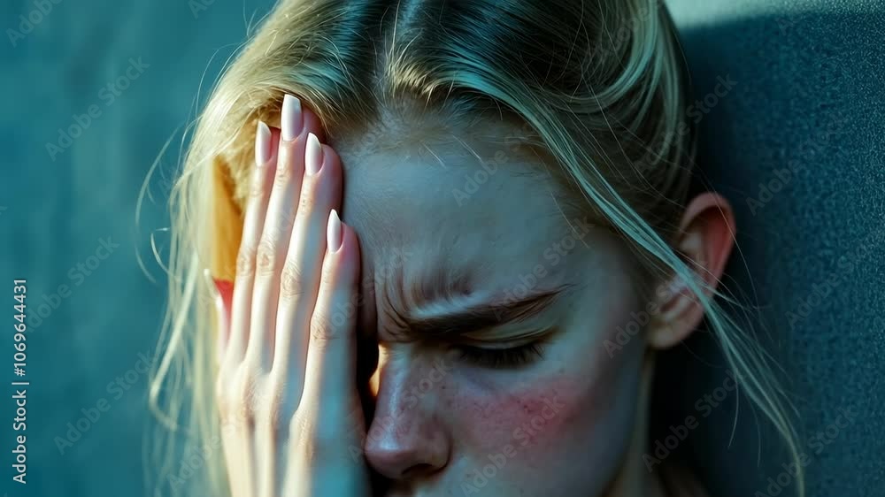 A young Caucasian girl is visibly distressed, with one hand over her ...