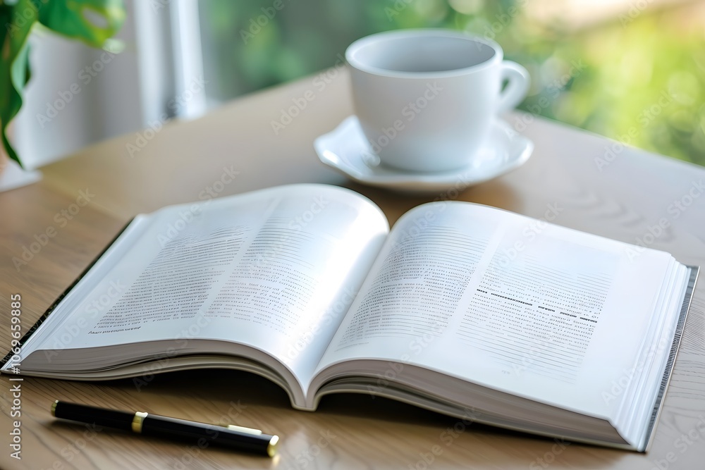 Desk magazine mockup displaying an open double-page spread with vibrant ...