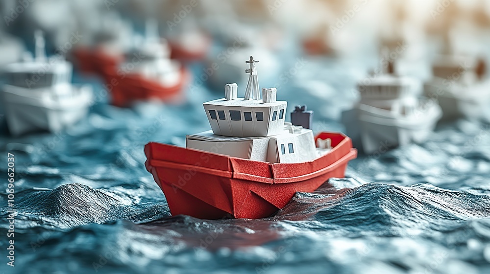 Visual metaphor for leadership, with white paper ships and one red ship ...