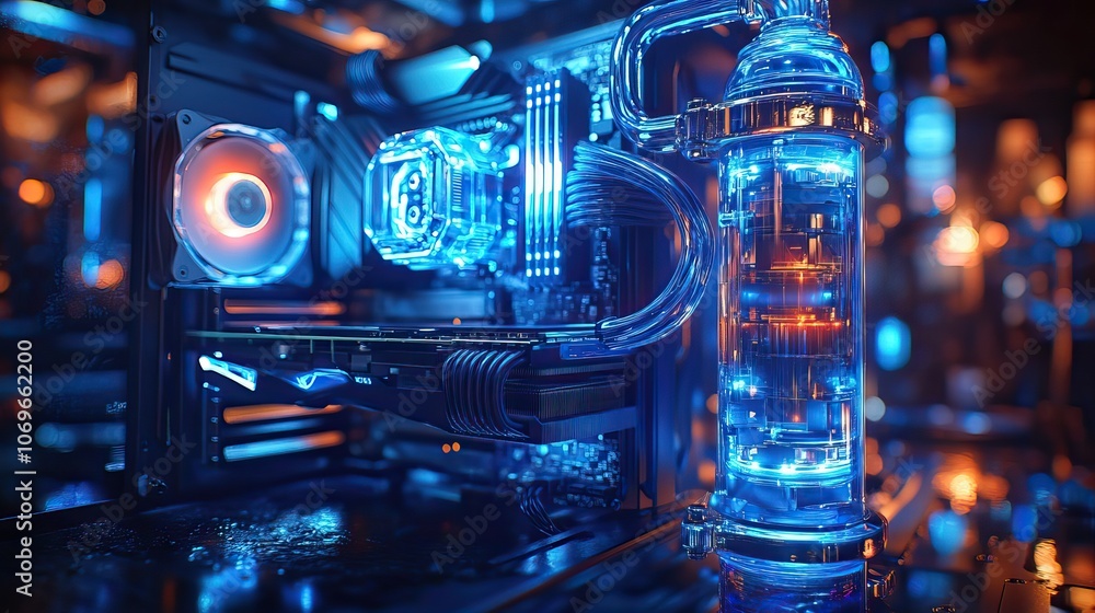 Water-cooled gaming PC with RGB lighting in a dark room, showcasing ...