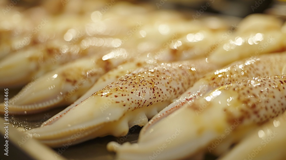 12.Close-up view of raw squid arranged on a tray, clean pale bodies ...