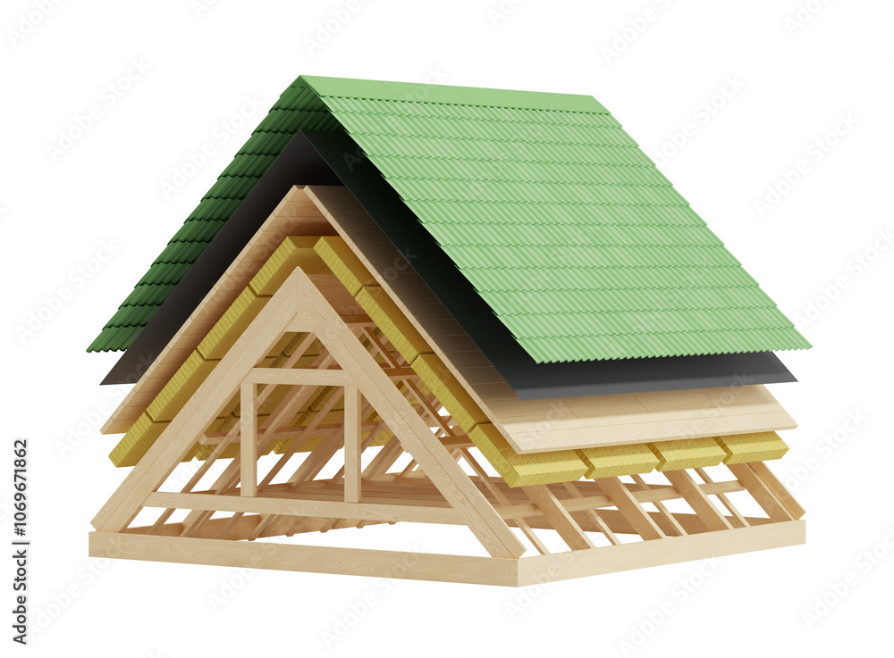 Exploded view of a roof structure showing wooden framework, insulation ...