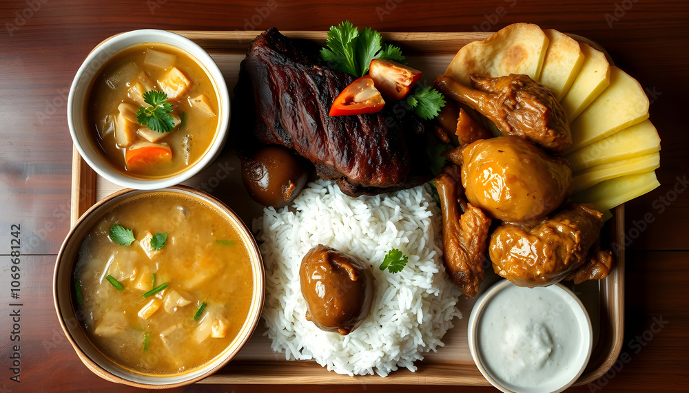 filipino dinner with sinigang, lechon kawali, and chicken adobo top ...