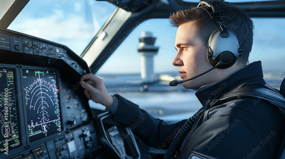 A pilot in the cockpit communicating with the control tower, surrounded ...
