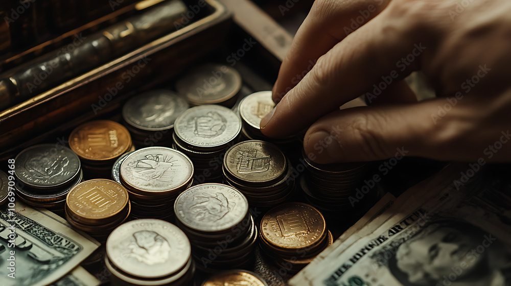 Collection of coins and bills stacking up, hand counting, 8k, hyper ...