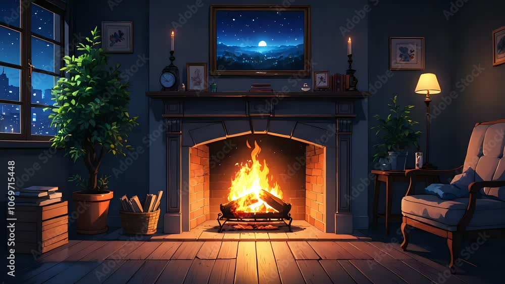 Warm fireplace illuminating cozy room with scenic night view. Home ...