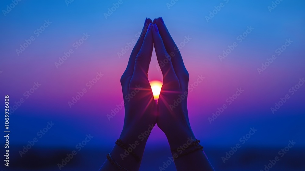 Womens hands in the blue purple sunset as a symbol of yoga or religion ...