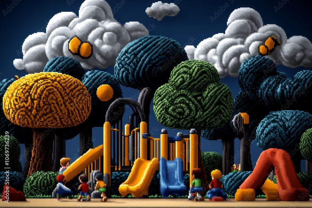 Poster Pixel art of children playing in a pixelated park, with retro 8 ...