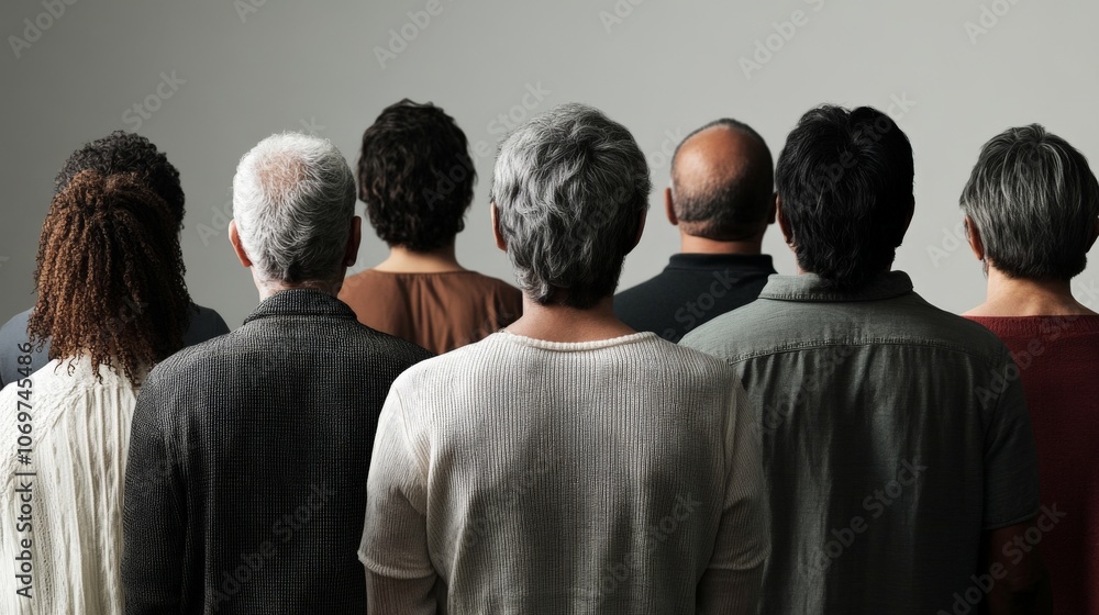 Diverse group of people facing forward with backs turned to the viewer ...