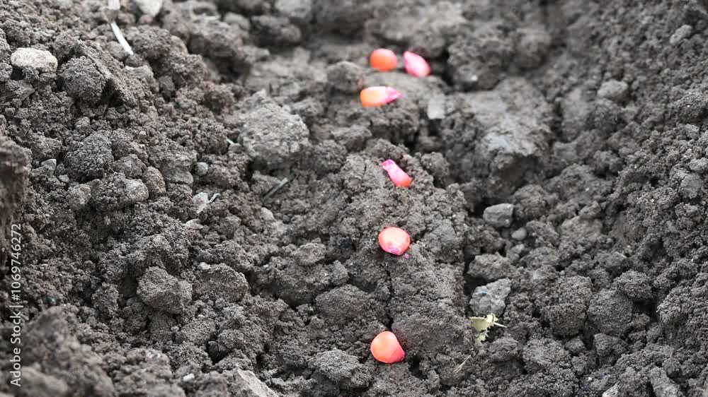 farmer hand planting grain in soil. Farmer gardener plants sows grains ...