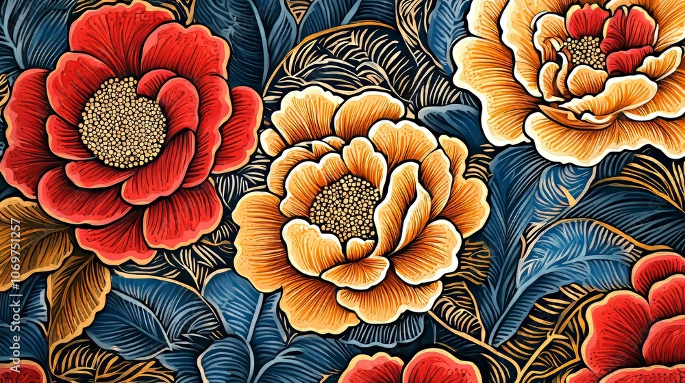 The background is an illustration of a floral batik motif similar to ...