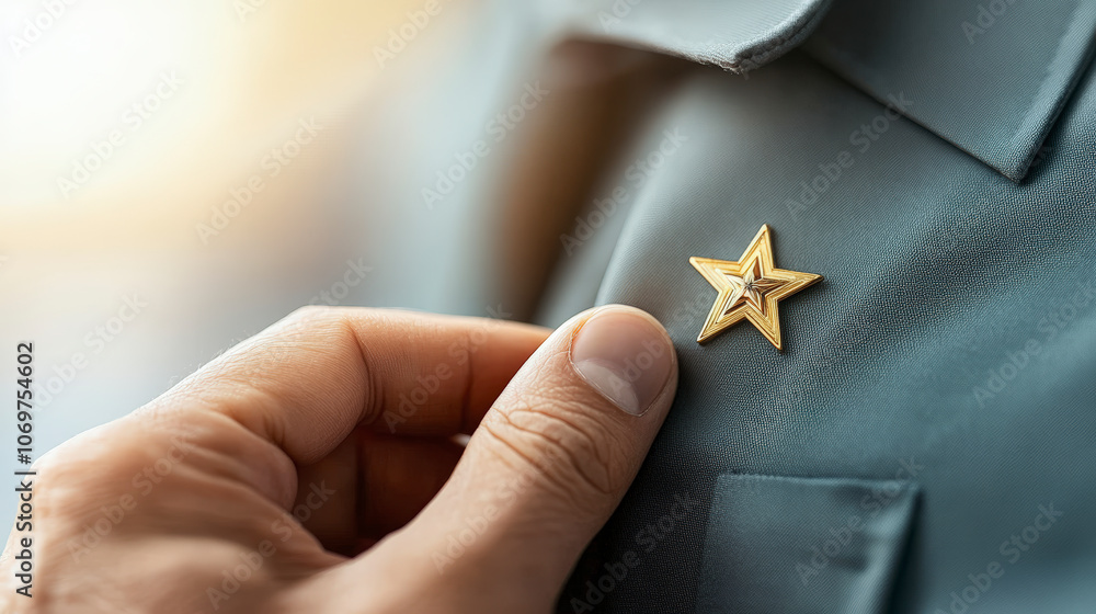A hand pins a gold star on a uniform, symbolizing achievement or rank ...