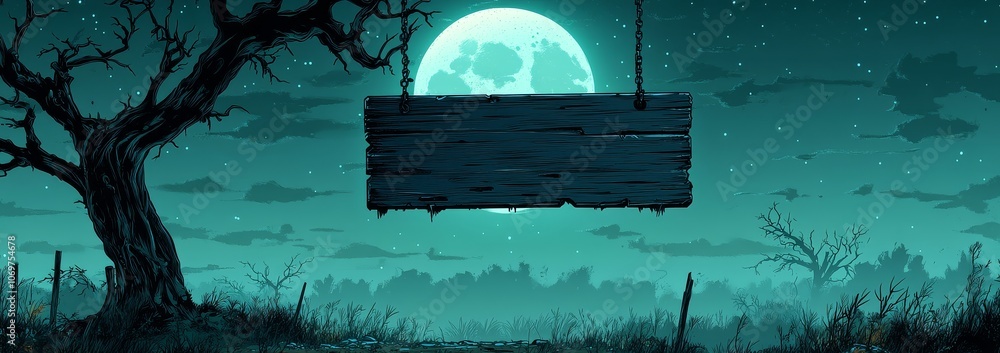 Empty black wooden sign hanging from tree in front of full moon ...