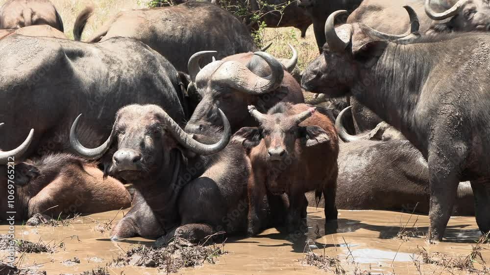 Close view of the faces and upper bodies of African cape buffaloes in a ...