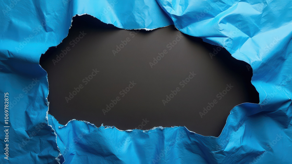 Overhead view of torn blue paper background, with a dramatic tear ...
