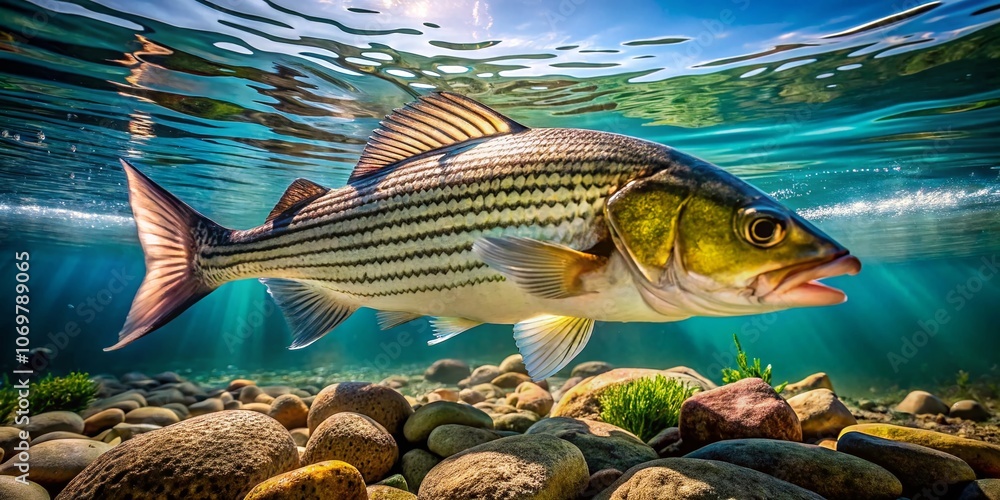 Striped Bass Swimming Elegantly Beneath the Water Surface, Captured in ...