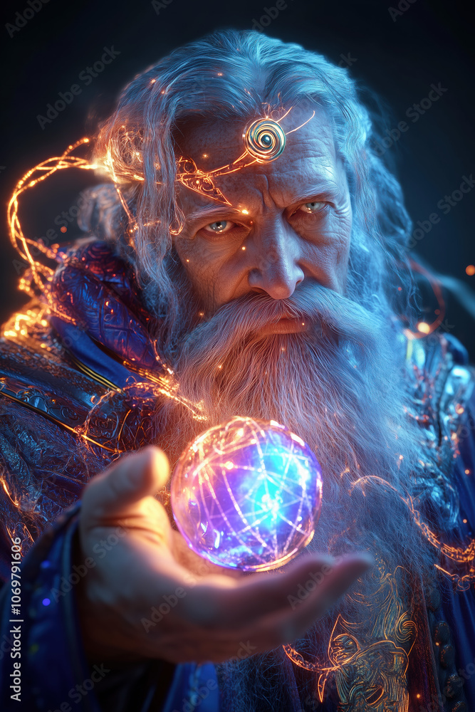 Elderly Wizard with Glowing Crystal Orb, Arcane Symbols on Intricate ...