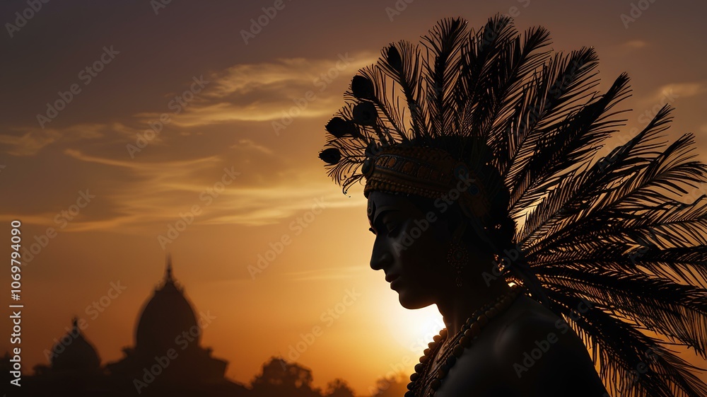 Silhouette of Hindu god Lord Krishna with peacock feather on sunset ...