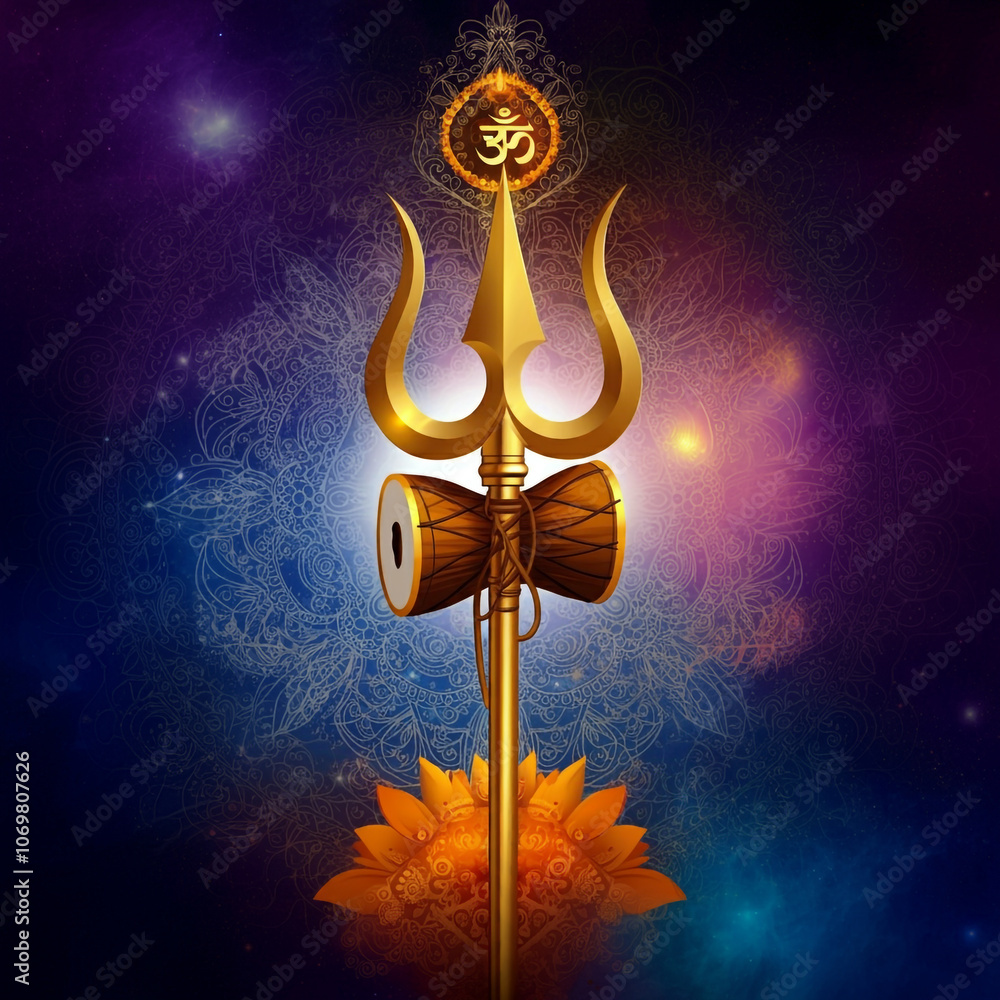 Iconic image of Lord Shiva's trident (Trishul) against a cosmic background, symbolizing divine ...