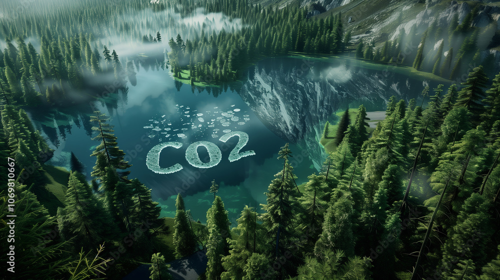 CO2 text on the lake in the forest. Carbon emission concept image Stock Illustration | Adobe Stock