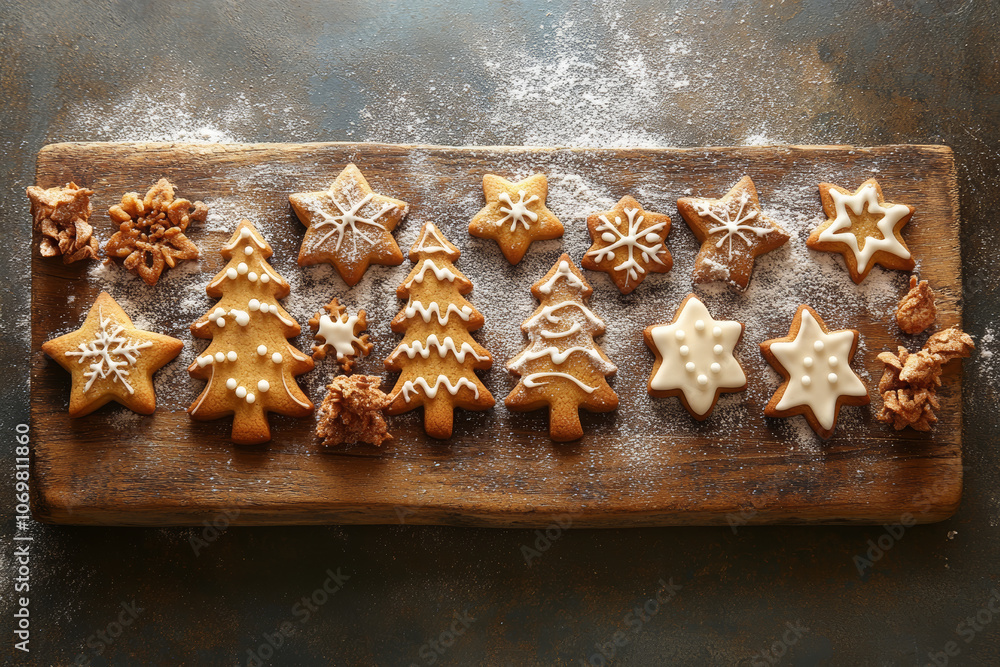 Top-down shot of assorted holiday cookies (stars, trees, snowflakes ...