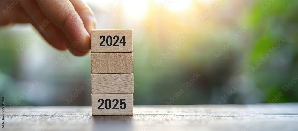 Hand-turning a wooden block with the text "2024" to form wooden cube ...