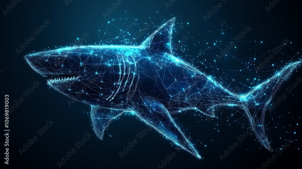 Abstract Great White Shark on Dark Blue Background, Rendered with Low ...