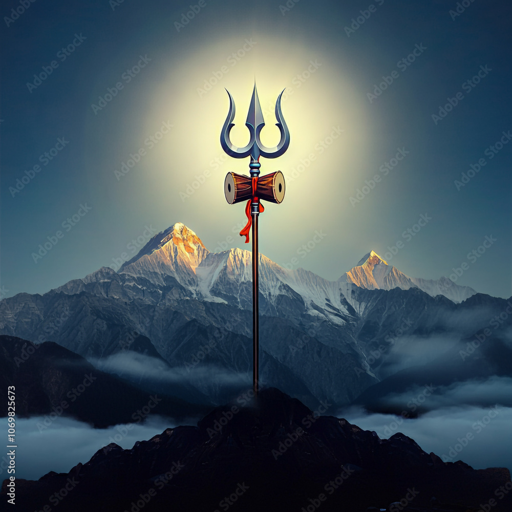 Iconic representation of Lord Shiva’s trident (Trishul) against a mountain backdrop, symbolizing ...