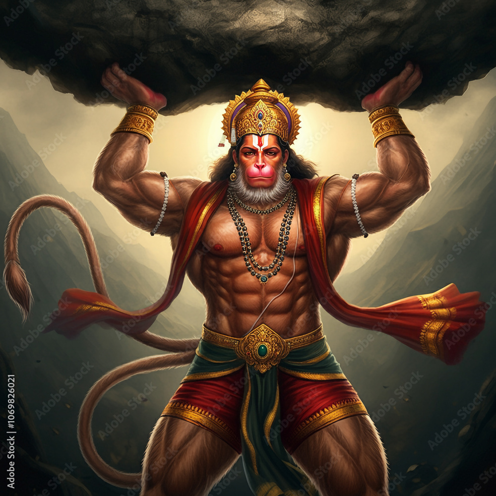 Powerful depiction of Lord Hanuman lifting a mountain, symbolizing his ...