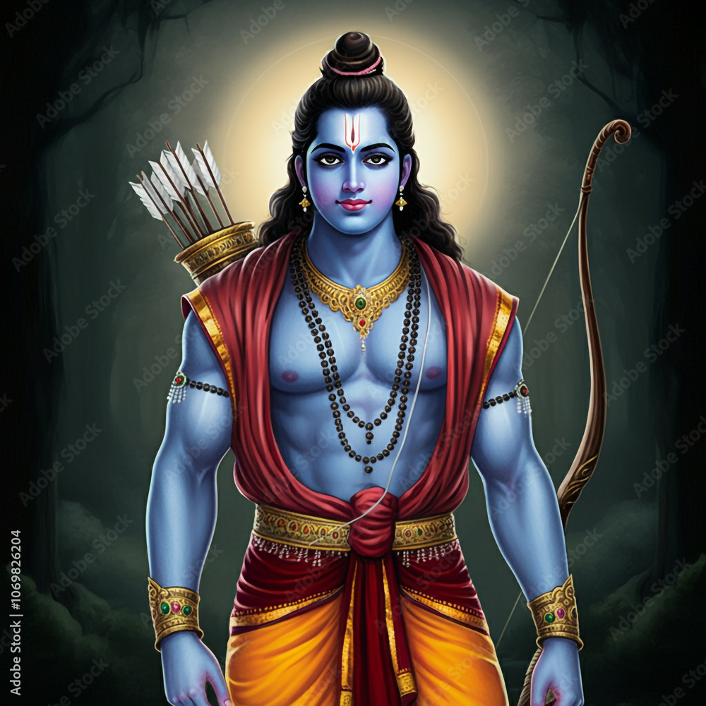 Divine image of Lord Rama holding a bow and arrows, representing ...