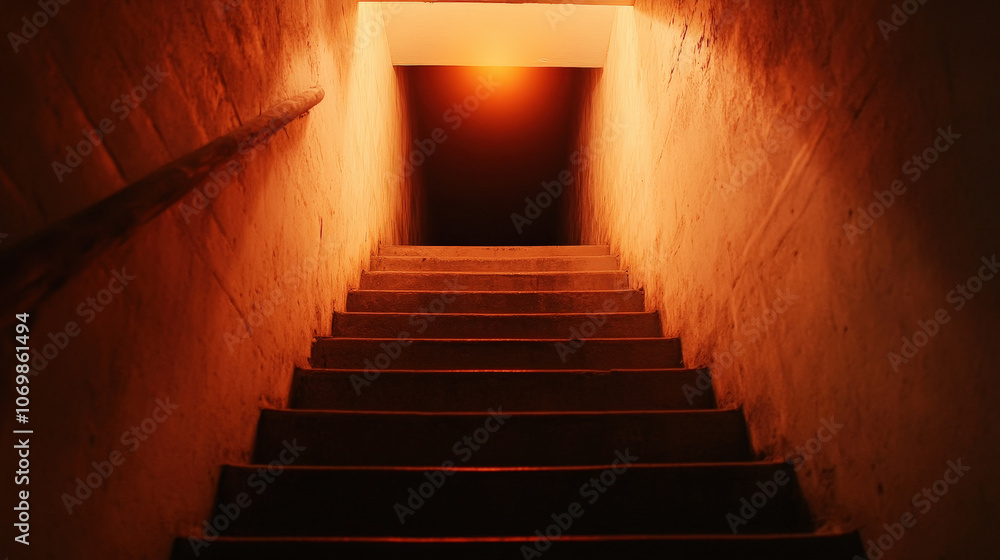 Basement stairs leading to darkness, a monstrous shadow creeping up ...