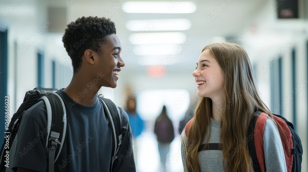 Happy high school students conversing in a bright hallway, enjoying ...