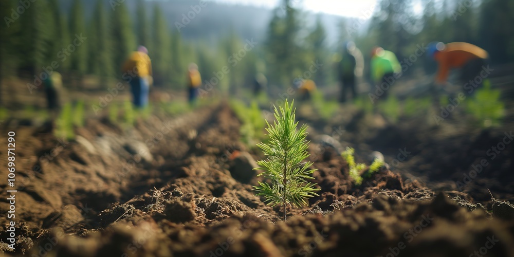 Team of dedicated workers planting young saplings as part of a forest ...
