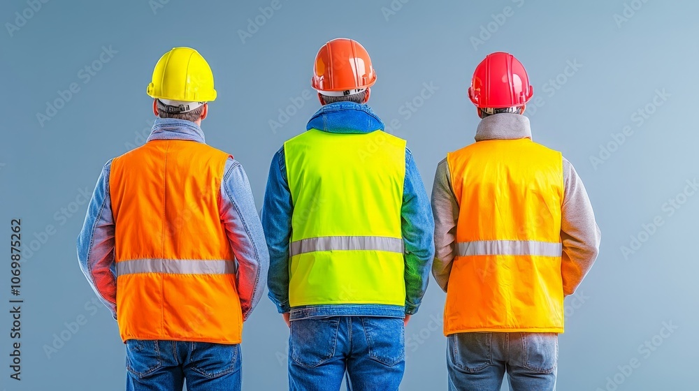 Electric utility workers in safety helmets and vests conducting ...