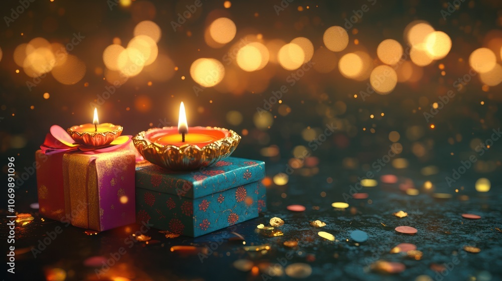 Colorful gift boxes with diya and golden bokeh background, diwali gift ...