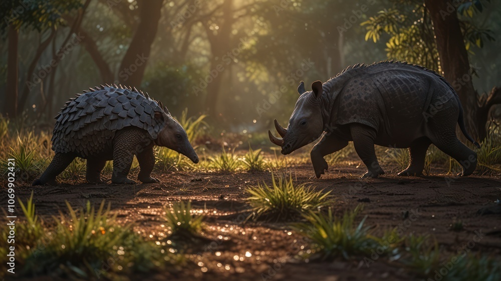 two pangolins, interacting in a lush, sunlit forest. The pangolins ...