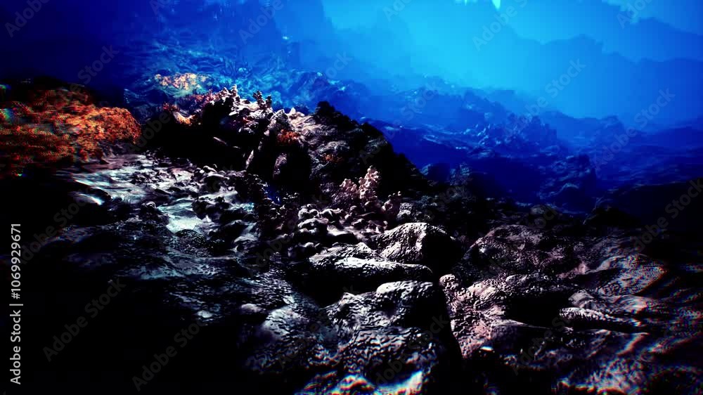 Beneath the surface, the seabed displays intricate rock formations and ...