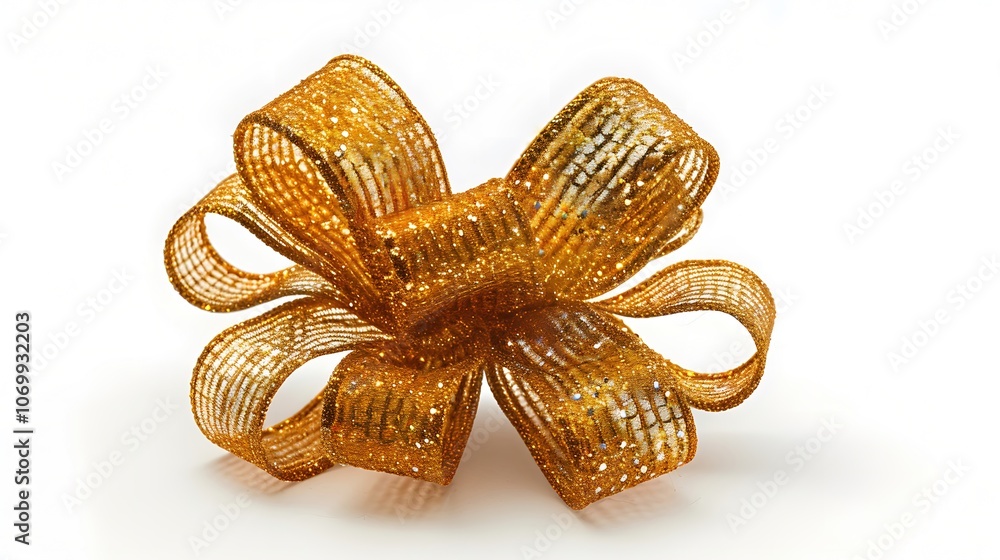 Golden gift bow with textured ribbon loops on white background. Gift ...