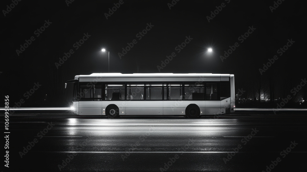 white bus stands still on dark road, illuminated by streetlights ...
