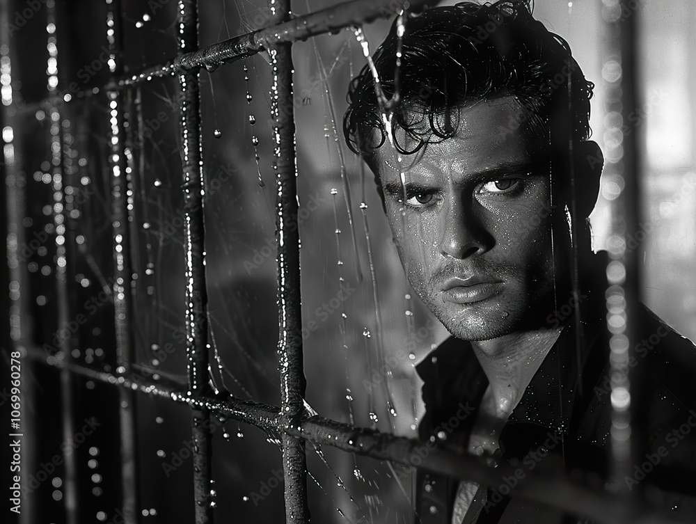 Man Looking Through Bars in the Rain - Black and White Portrait ...
