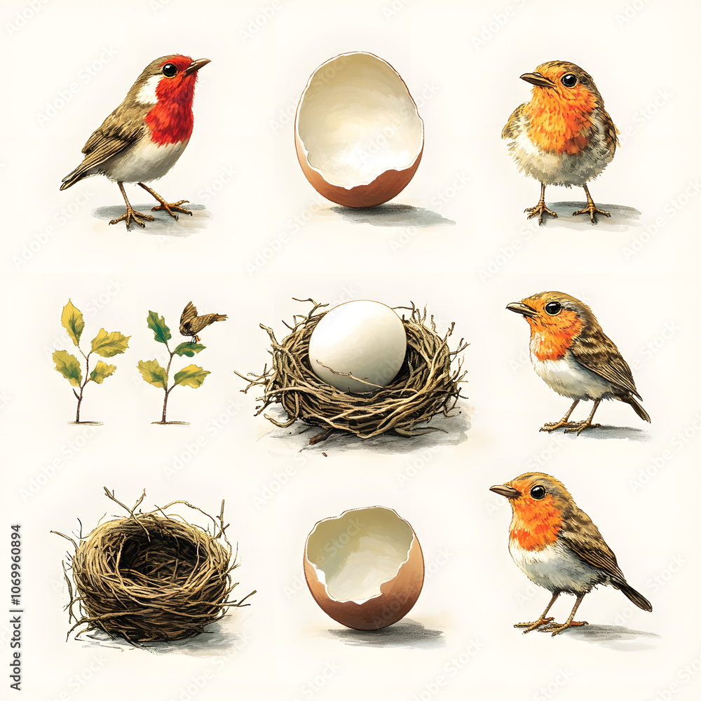 Life cycle of a robin bird illustration featuring nest, egg, chick, and ...
