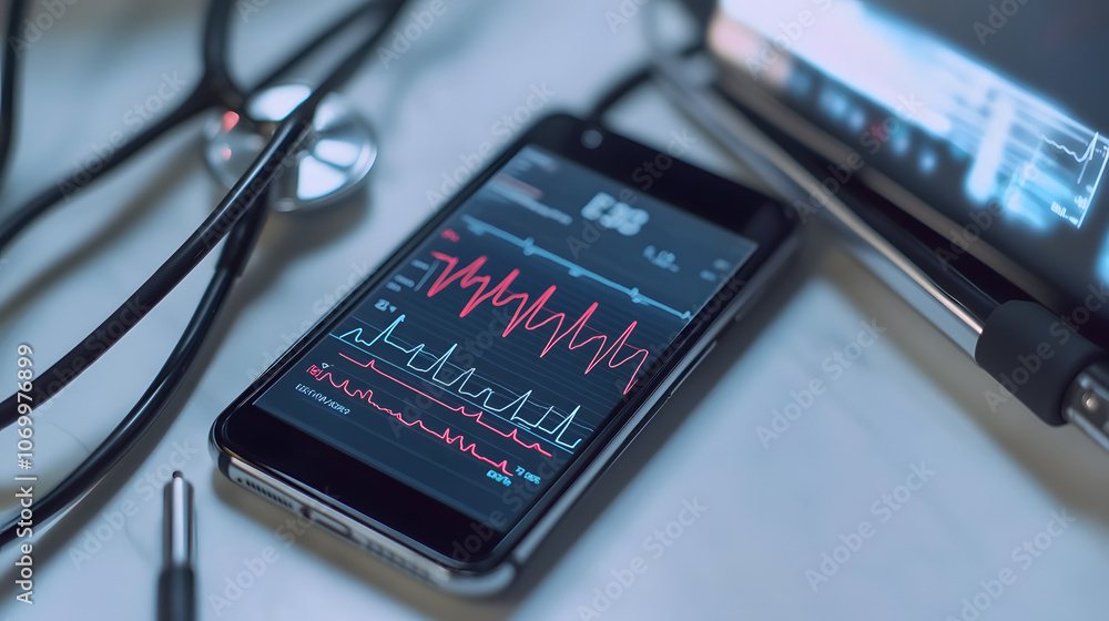 Portable EKG monitor connected to a smartphone, health tech, mobile ...