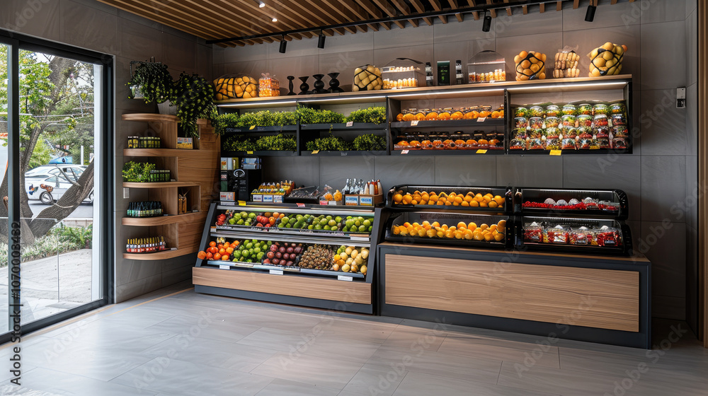 Modern, minimalist convenience store. a clean and sleek aesthetic, with ...