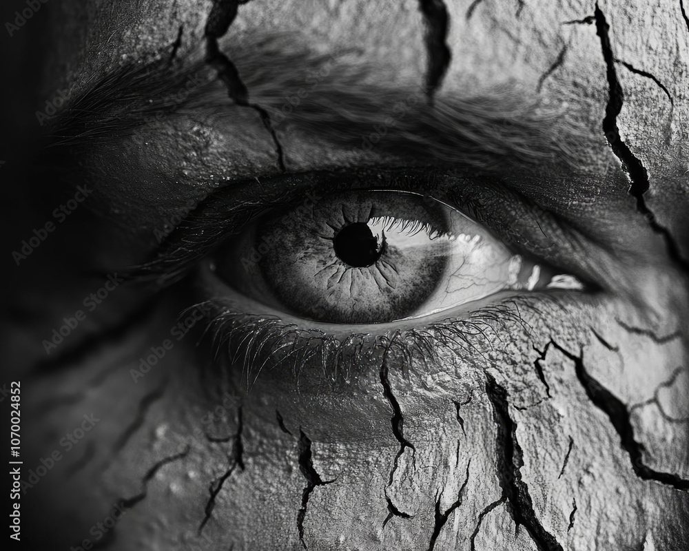 striking black and white close up of human eye with cracked skin ...