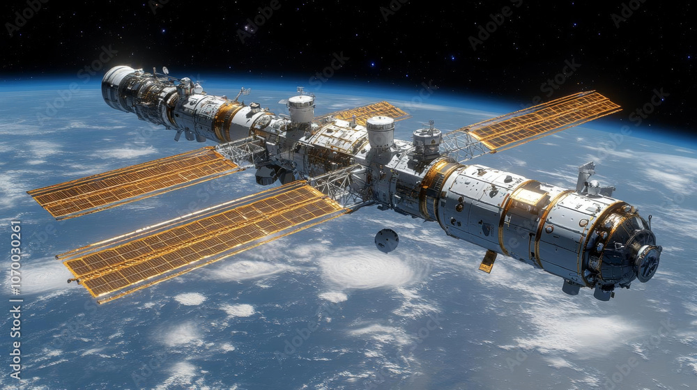 detailed view of space station orbiting Earth, showcasing solar panels ...