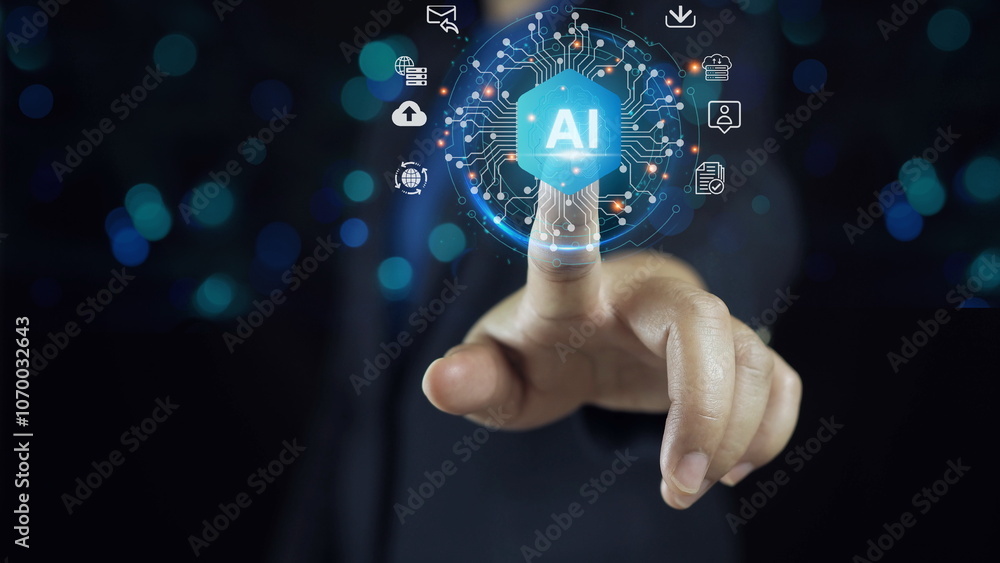 Ai artificial intelligence concept. man using smart robot technology on hand. Show future ...